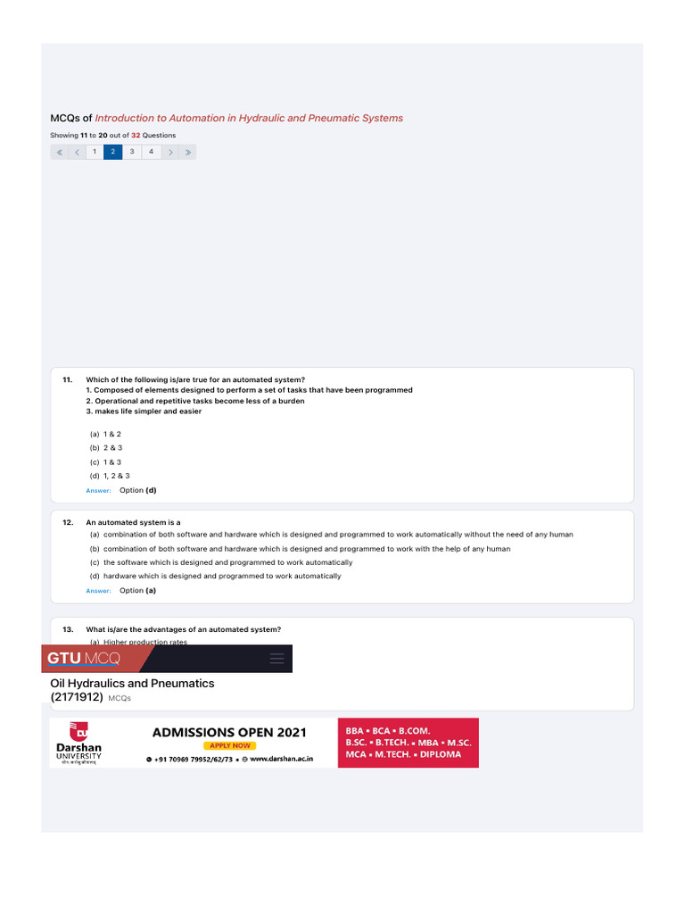 MCQs of Introduction To Automation in Hydraulic and Pneumatic Systems ...