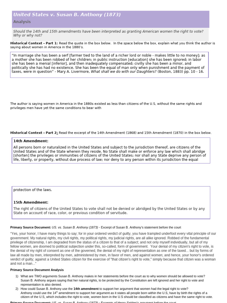 United States V Susan B. Anthony | PDF | Citizenship | Fourteenth ...