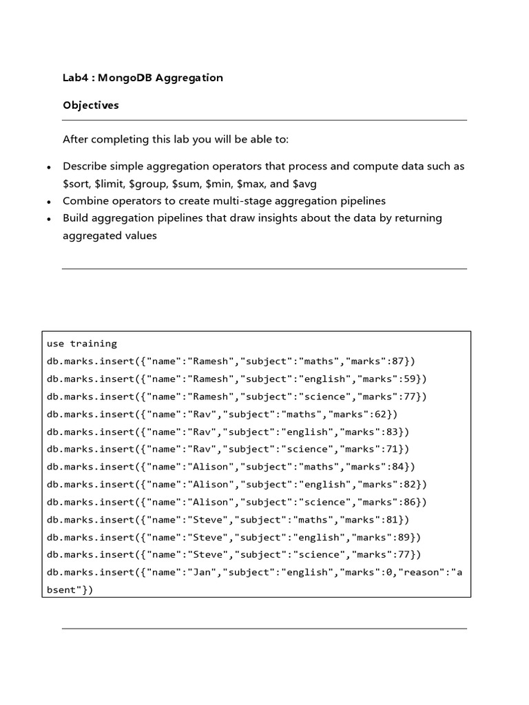 MongoDB Aggregation Lab Exercises | PDF | Mongo Db | Information Technology Management