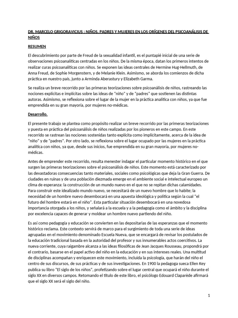 Gregoravicius. Histo Niñez Psicoan | PDF | Psicoanálisis | Sigmund Freud