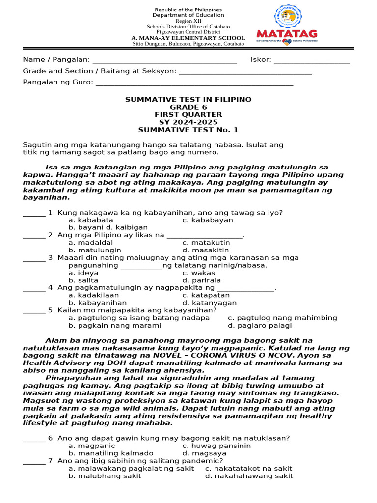 Summative Test in Filipino 5-6 | PDF