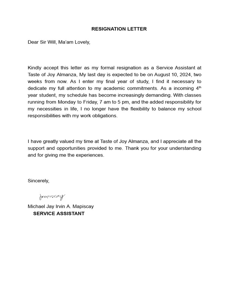 Resignation Letter from Service Assistant | PDF