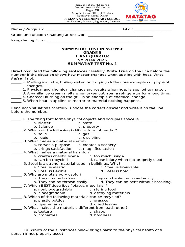 Grade 5 Science Summative Test 1 | PDF | Melting Point | Plastic