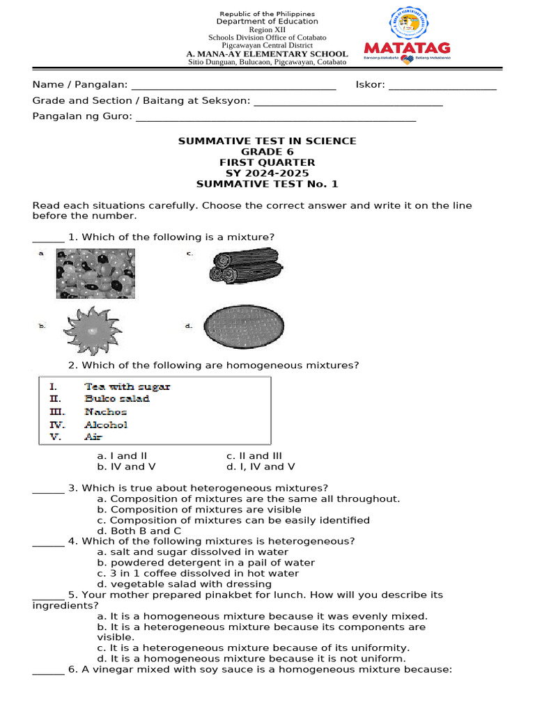 Summative Test in Science | PDF | Mixture | Homogeneity And Heterogeneity