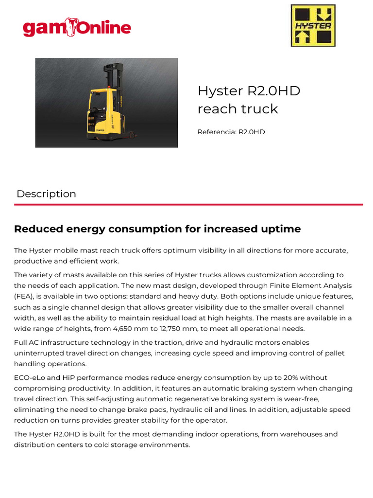 Hyster R2.0HD Reach Truck Overview | PDF