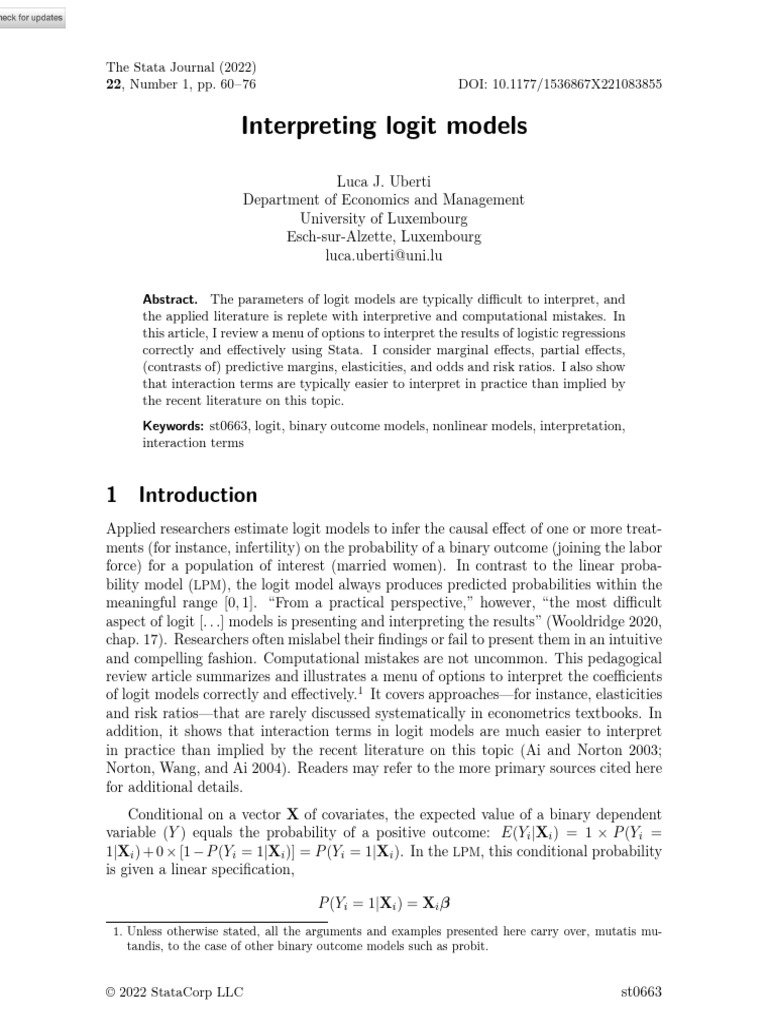Uberti 2022 SJ 22 1 Interpreting Logit Models | PDF | Logistic Regression | Standard Deviation
