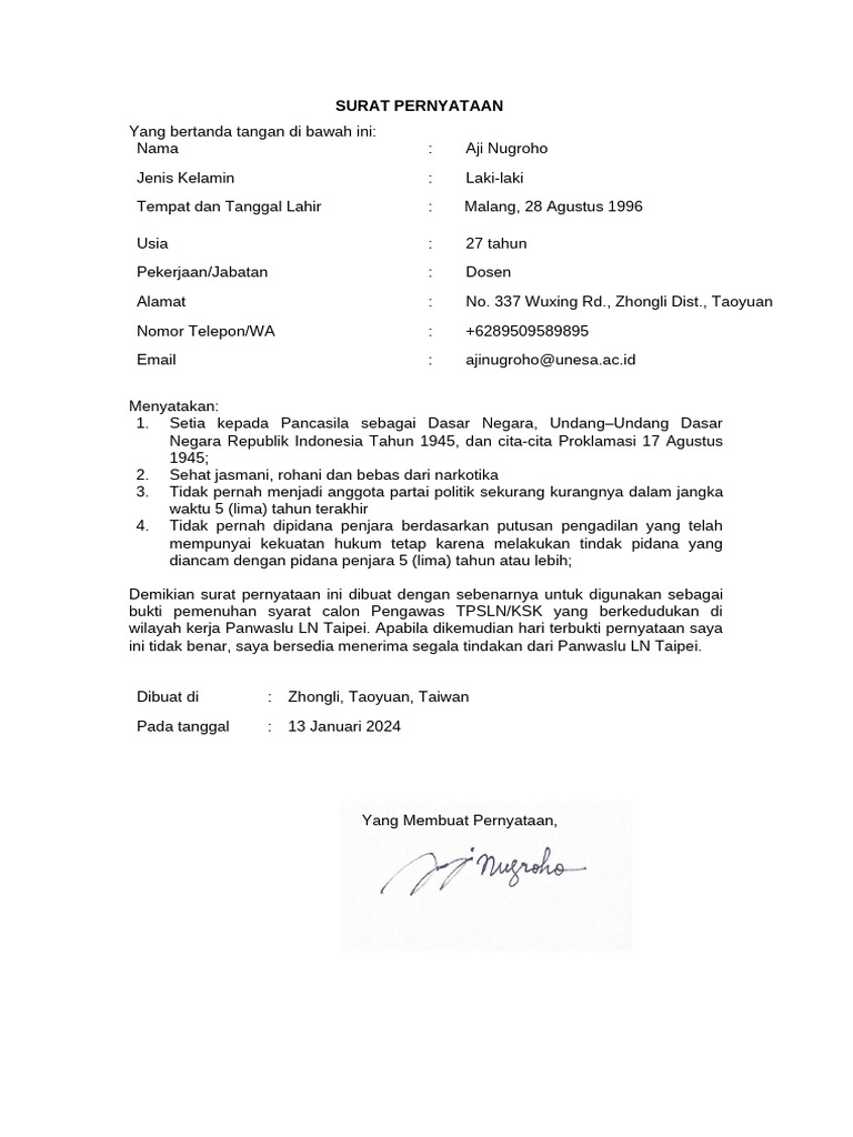 Formulir Surat Pernyataan | PDF