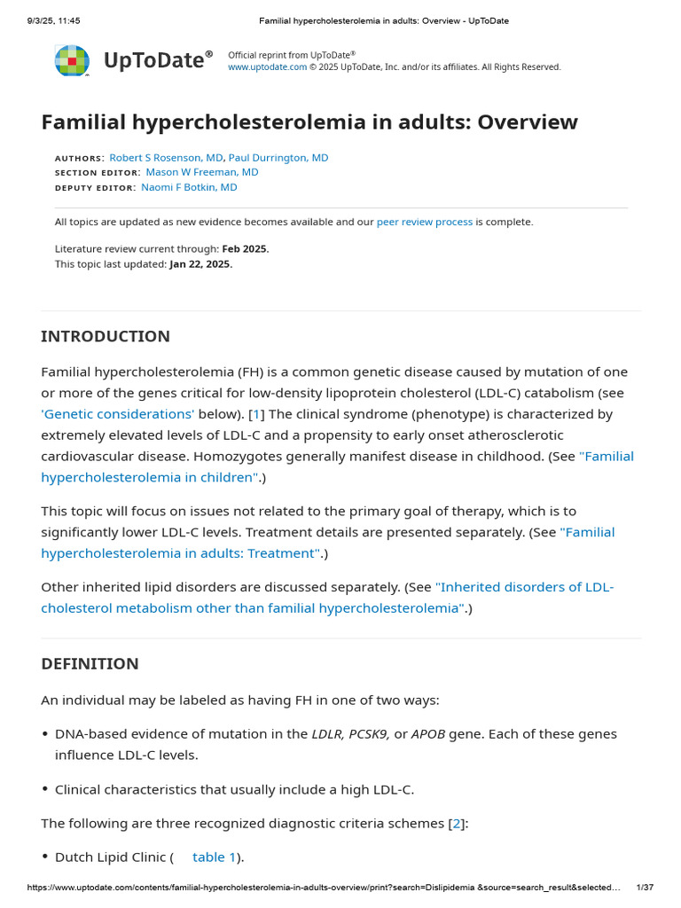 Familial Hypercholesterolemia in Adults_ Overview - UpToDate | PDF ...