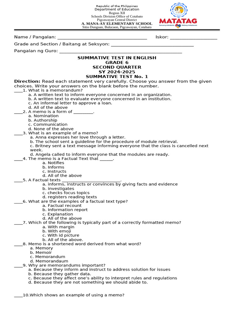 Grade 6 English Summative Test Guide | PDF | Memorandum | Cognition