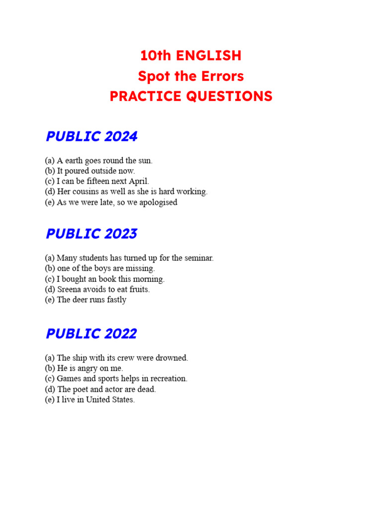 PUBLIC 2024: 10th ENGLISH Spot The Errors Practice Questions | PDF