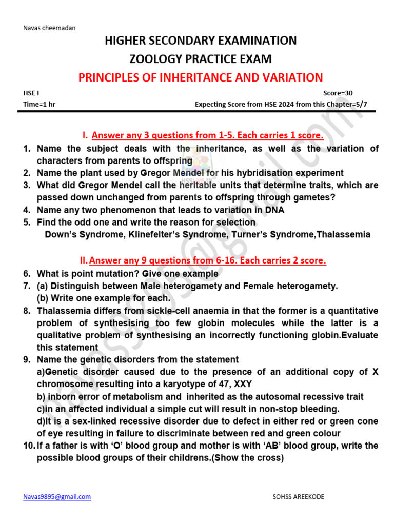 Hsslive - Xii - Zlgy - 03-Principles of Inheritance and Variation | PDF ...