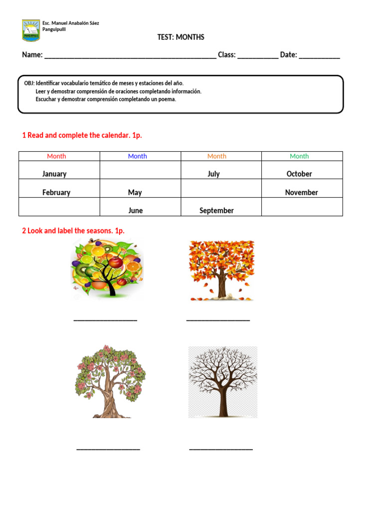 Months and Seasons Test Worksheet | PDF
