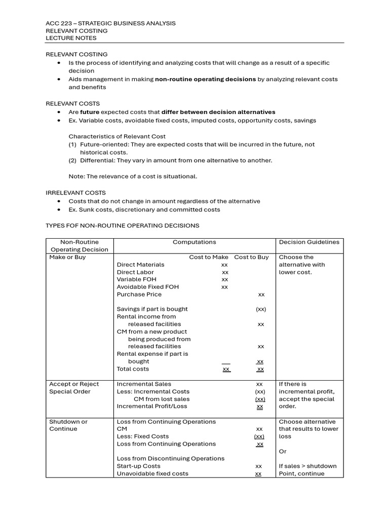 Handout Relevant Costing and Differential Analysis | PDF | Cost ...