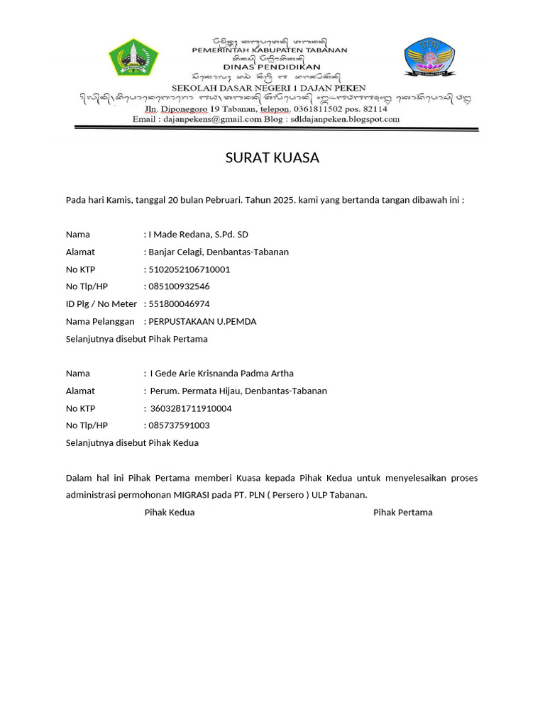 Surat Kuasa Permohonan PLN | PDF