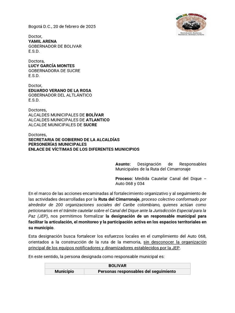 Designación de Responsables Municipales de La Ruta Del Cimarronaje 2025 ...