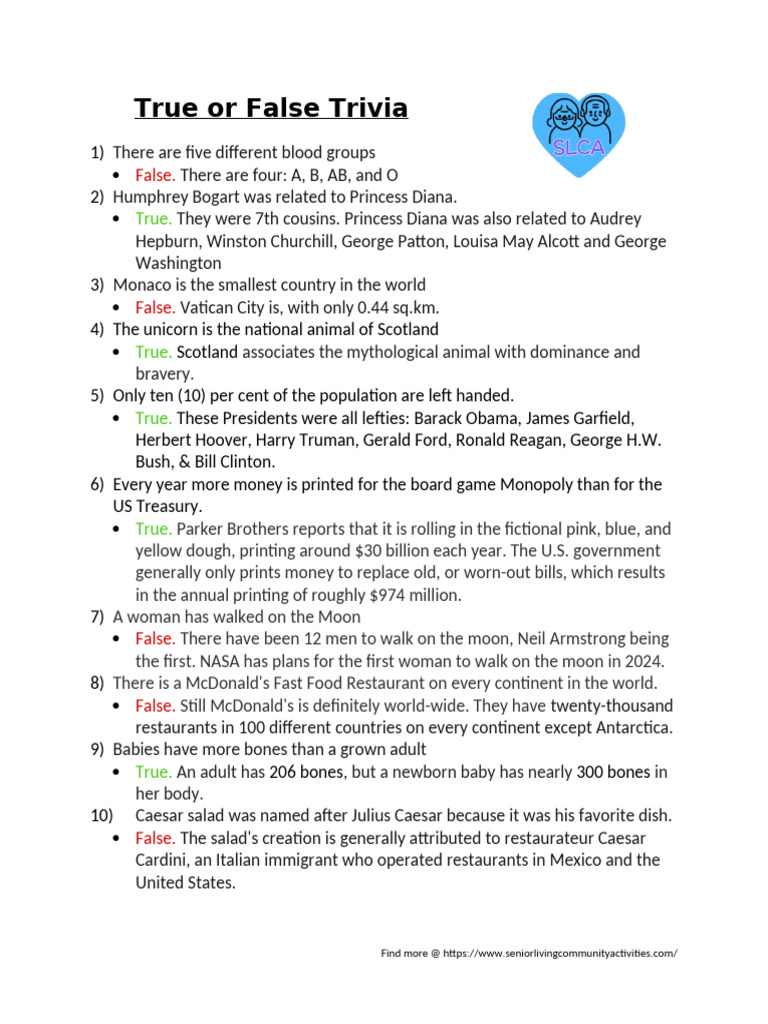 True or False Trivia Questions | PDF