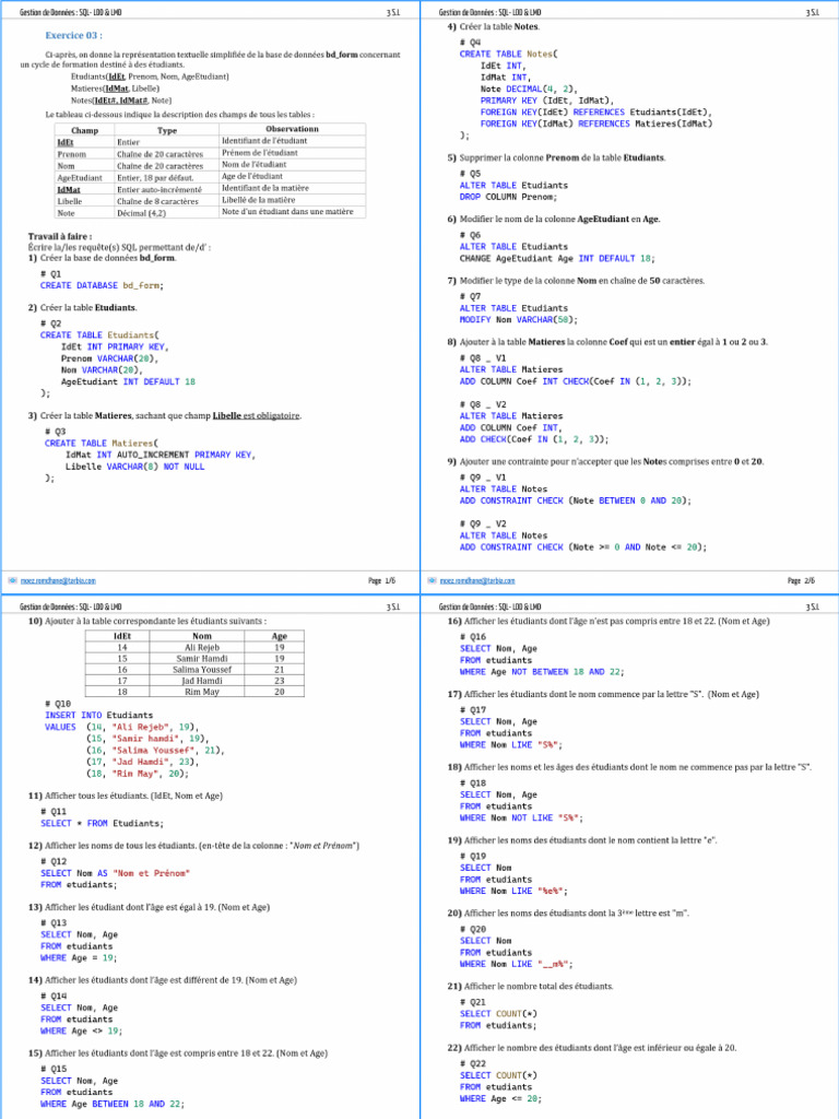 02 Gestion de Données SQL LDD LMD Exercices 3 Corrigé | PDF