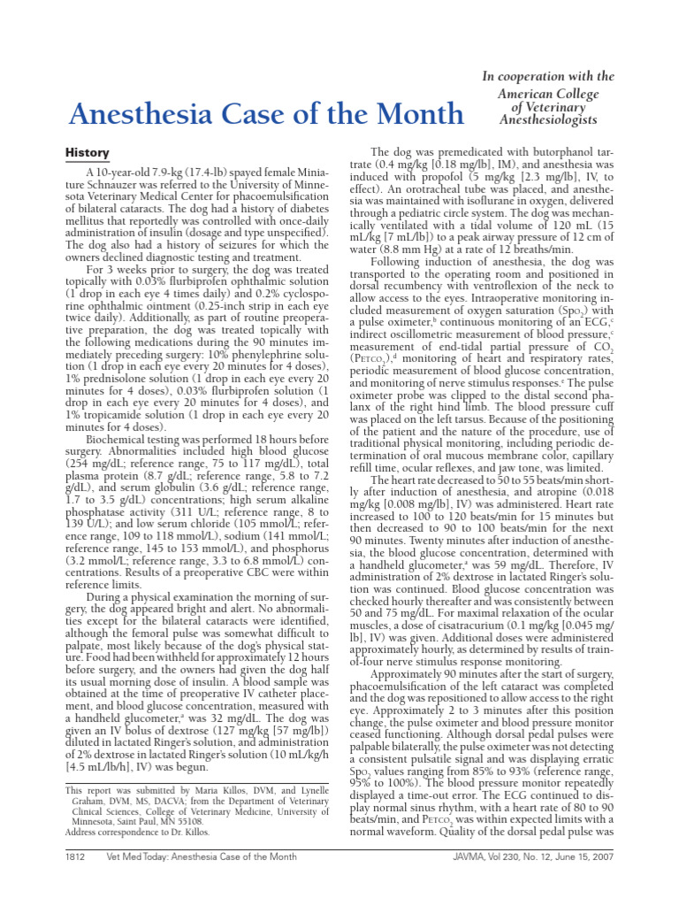 Anesthesia Case of the Month. Diabetic Dog. JAVMA (Killos and Graham ...