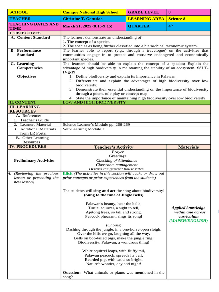 COT FINAL LESSON PLAN 4th QUARTER | PDF | Learning | Biodiversity