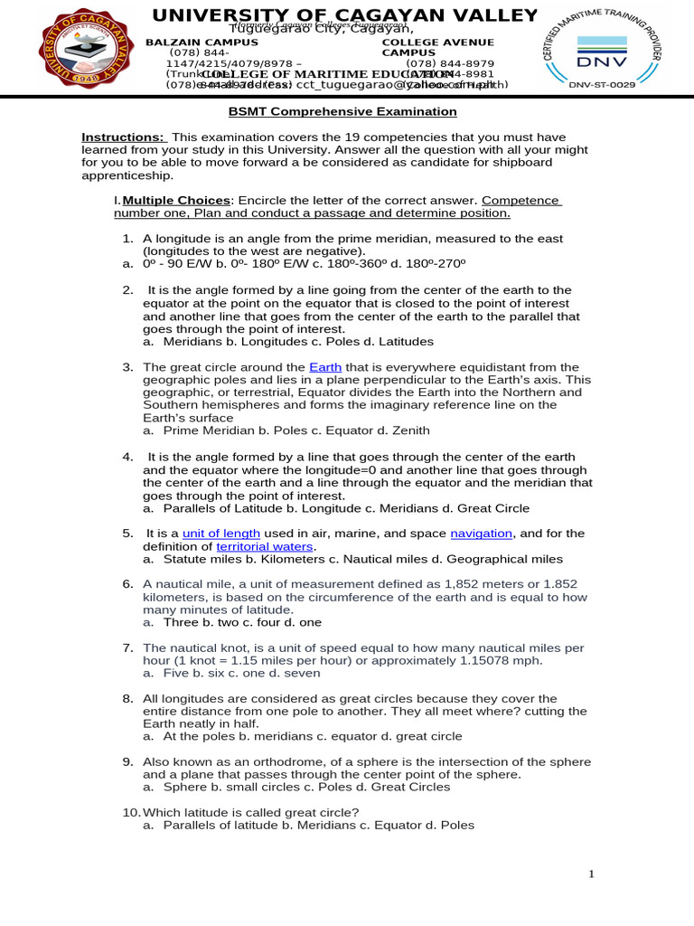 BSMT Comprehensive Exam Guide | PDF | Longitude | Equator