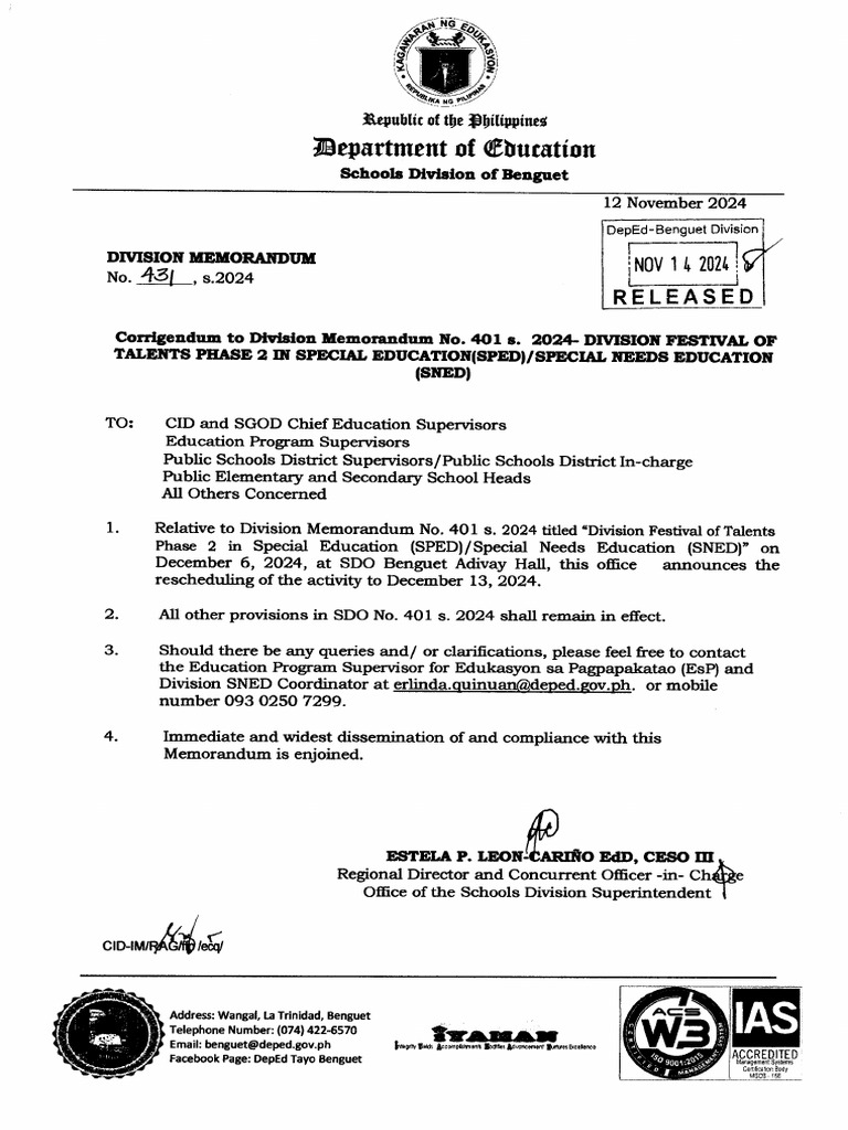 SDO Memo No. 431, s.2024. | PDF