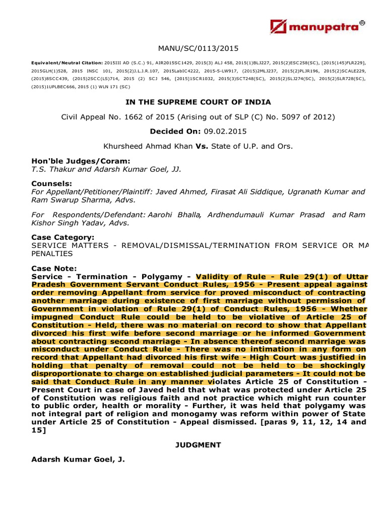 Khursheed Ahmad Khan Vs State of UP and Ors 090220SC201509021523435395COM748362 | PDF | Marriage ...
