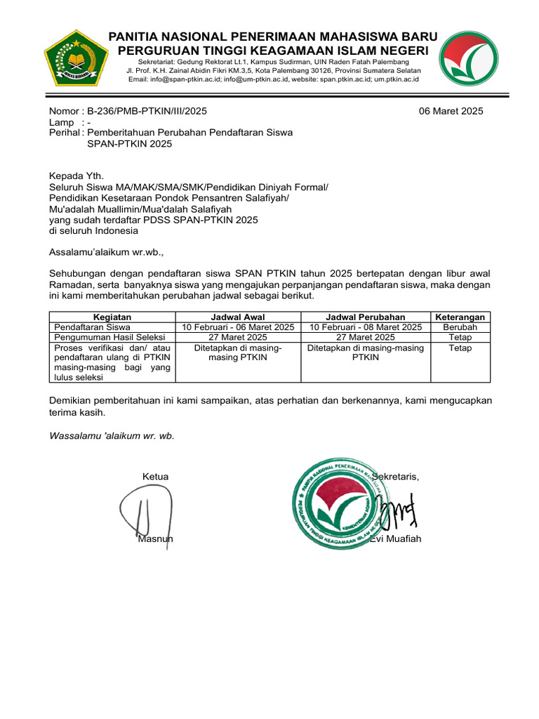 Pengumuman Perubahan Jadwal Pendaftaran Siswa SPAN PTKIN 2025 | PDF
