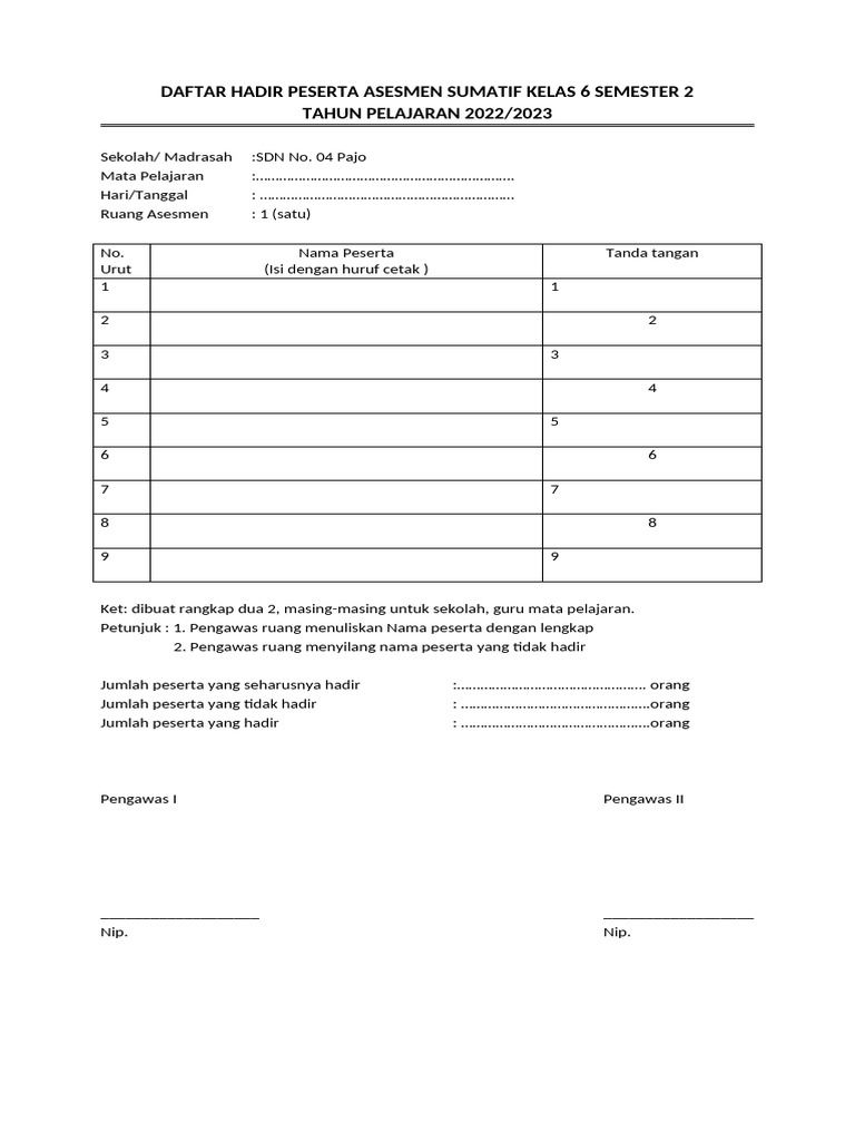 Daftar Hadir Peserta Asesmen Sumatif Kelas 6 Semester 2 | PDF