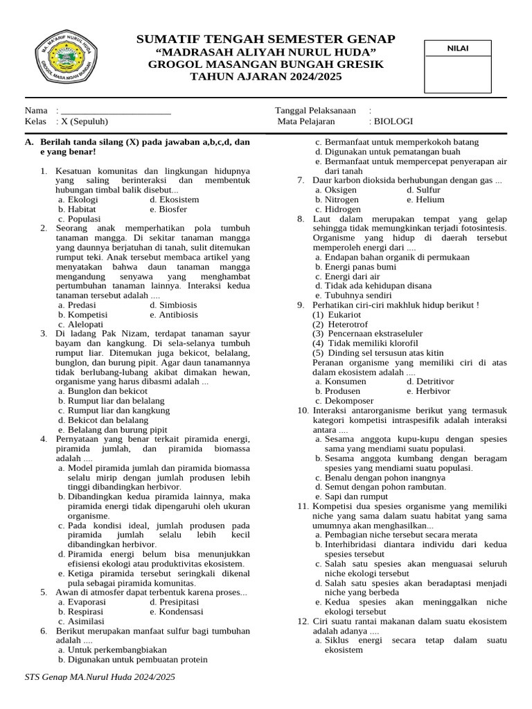 Soal Sts Genap Bio 10 24-25 | PDF