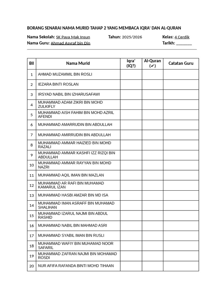 Senarai Nama Murid Tahap 2 Yang Membaca Iqra & Quran | PDF