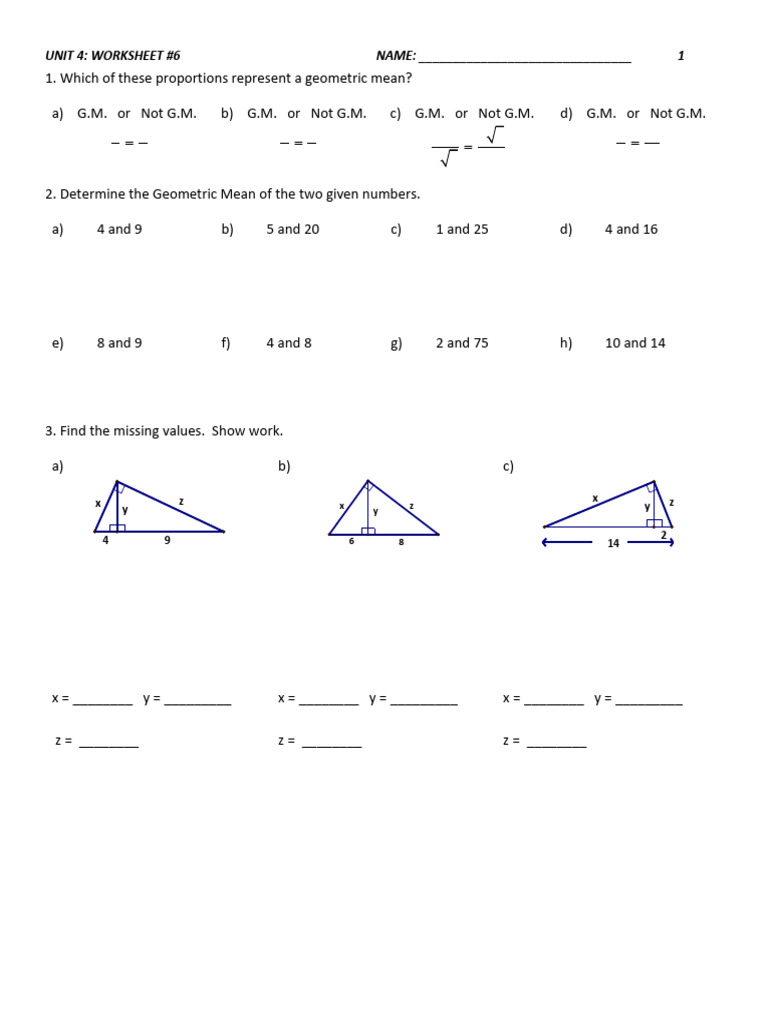 Unit 4 - Worksheet #6 (Geom Mean) | PDF
