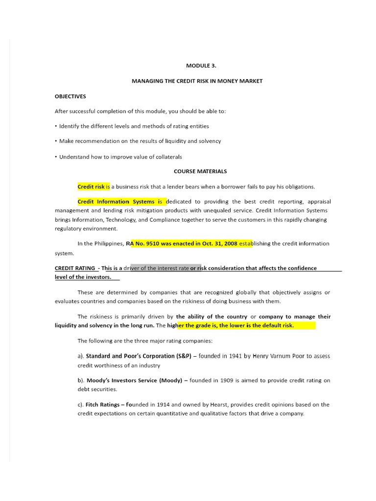 Managing Credit Risk in Money Market | PDF