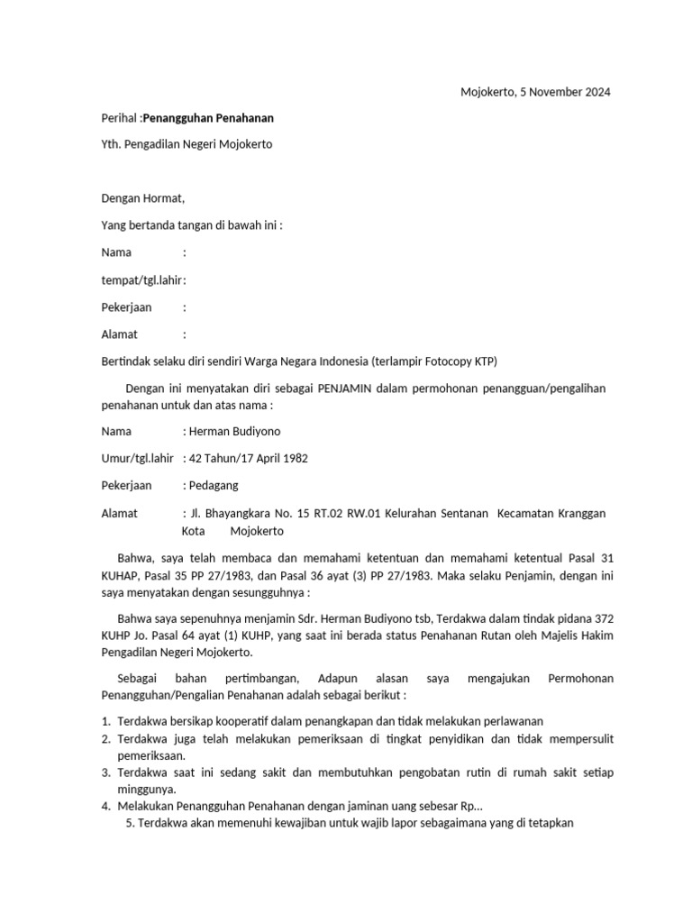 Surat Penangguhan Penahanan | PDF