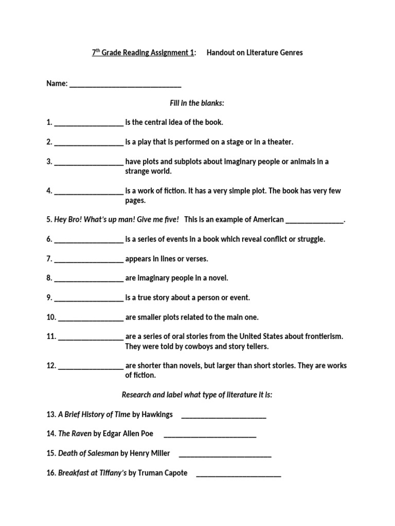 7th Grade Literature Genres Handout | PDF