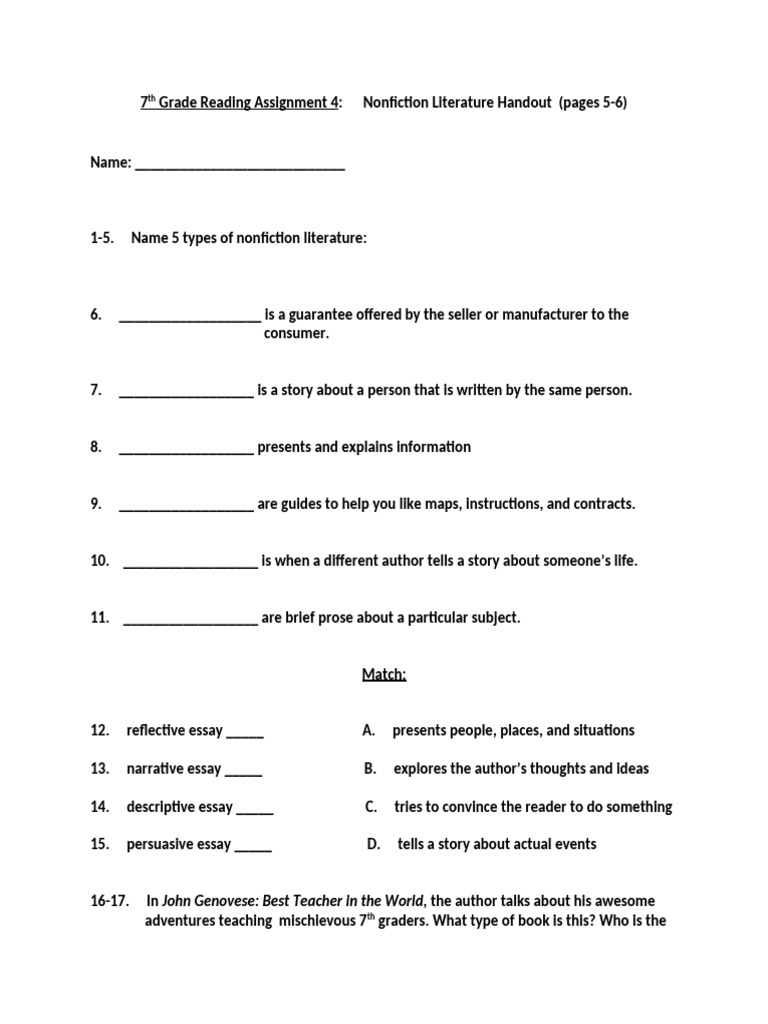 7th Grade A Reading Assignment 4 | PDF