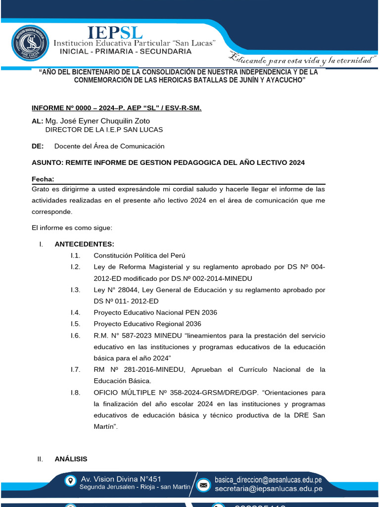 MODELO DE INFORME ANUAL 2024 | PDF | Segundo lenguaje | Aprendizaje