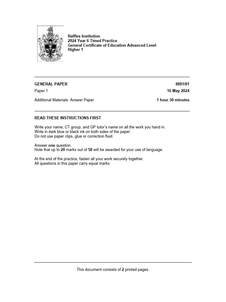 2024 RI Y6 Timed Practice - P1 | PDF