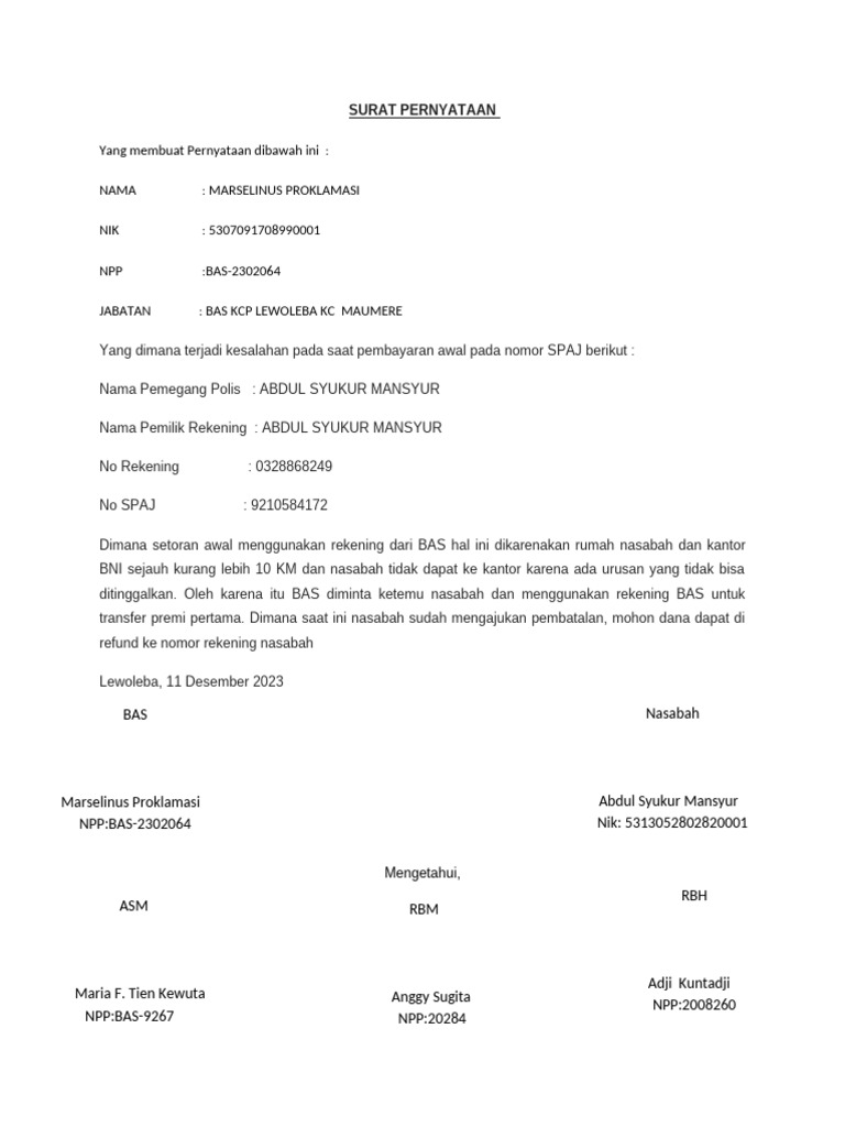 Surat Pernyataan Komplain | PDF