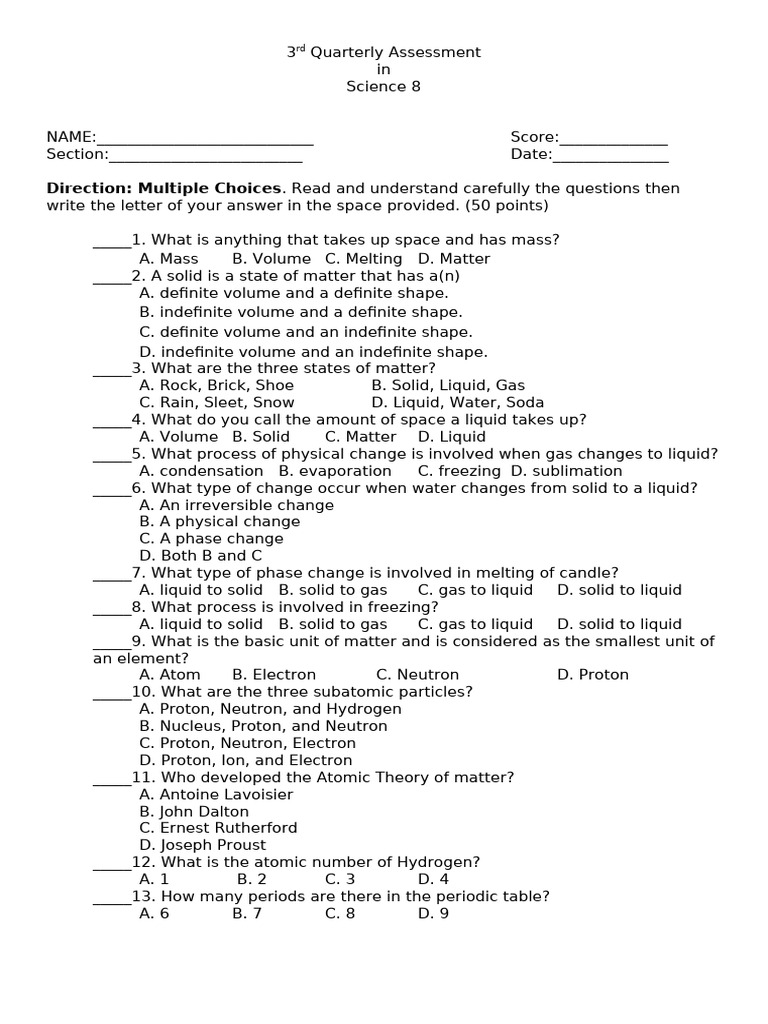 Science 8 Quarterly Assessment Quiz | PDF | Proton | Chemical Elements