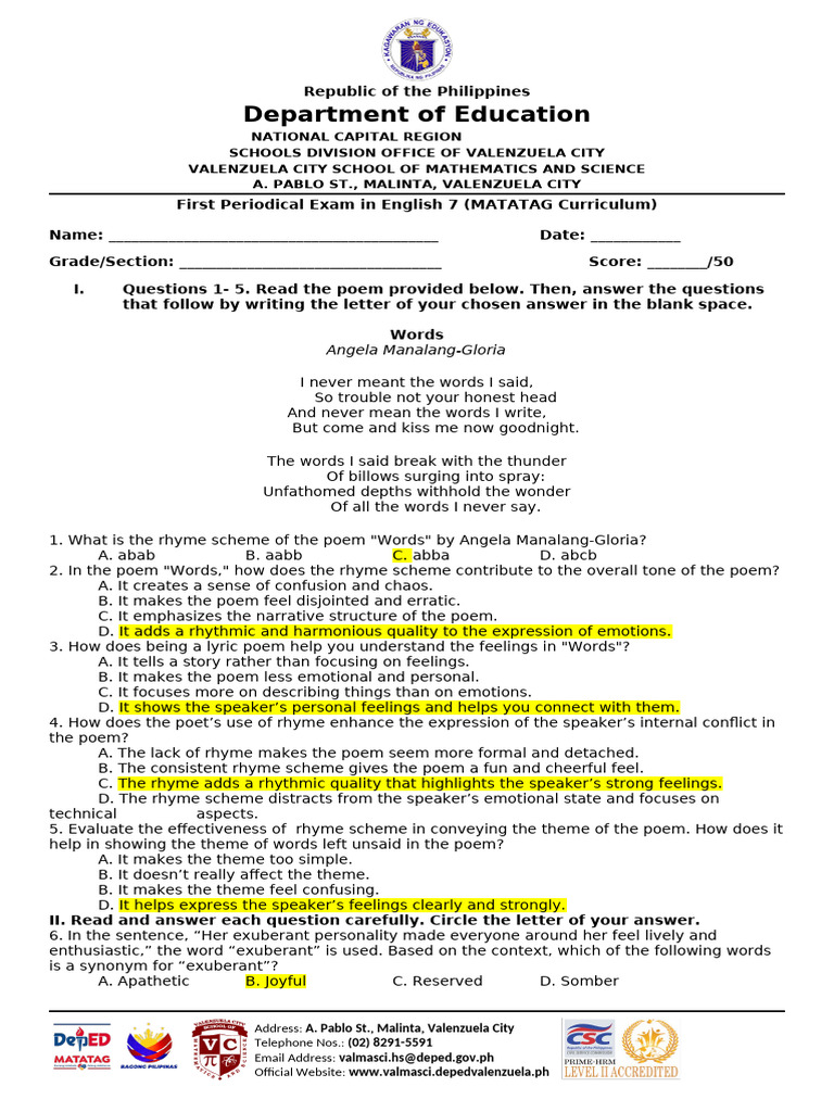 First Quarter Exam Matatag | PDF | Poetry | Phonaesthetics