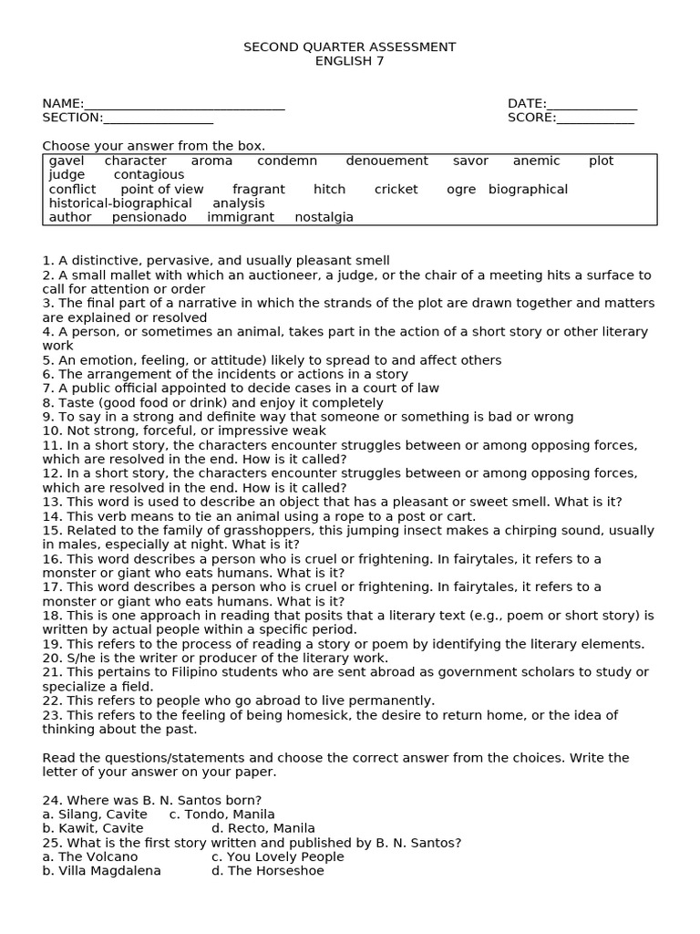 Second Quarter Assessment Eng 7 | PDF