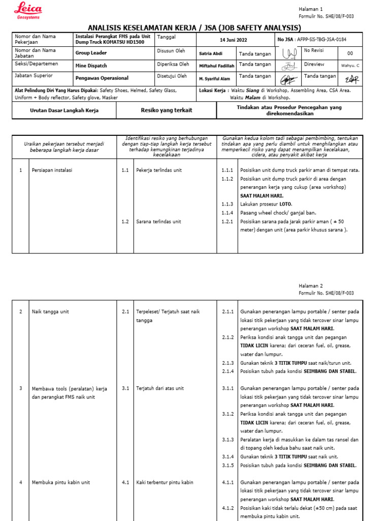 JSA Instalasi Perangkat FMS Pada Unit Dump Truck KOMATSU HD1500 | PDF