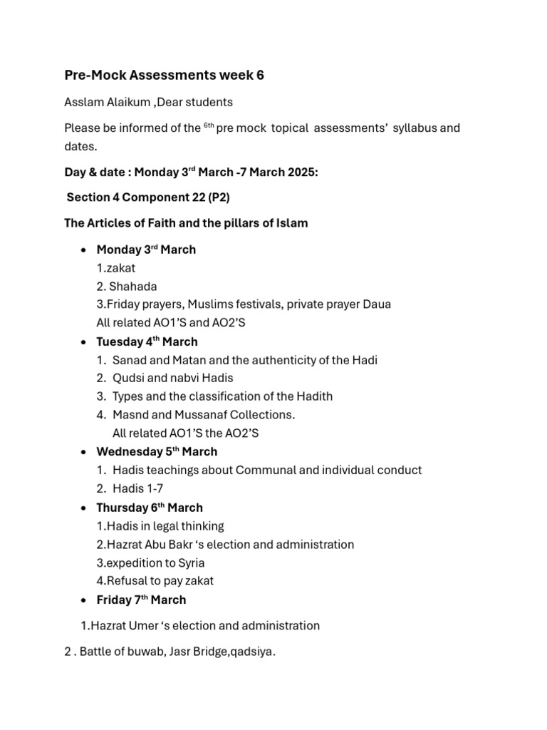 Pre Mock Assessments Week 6 - 3rd March To 7 March-1 | PDF