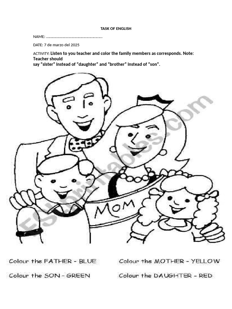 TASK OF ENGLISH COLOR THE FAMILY PRIMERO A | PDF