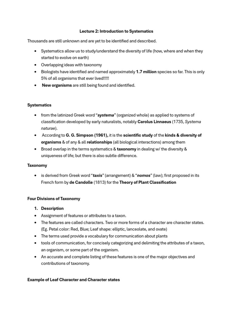 Lecture Note 2 - Intro To Systematics | PDF | Taxonomy (Biology) | Species