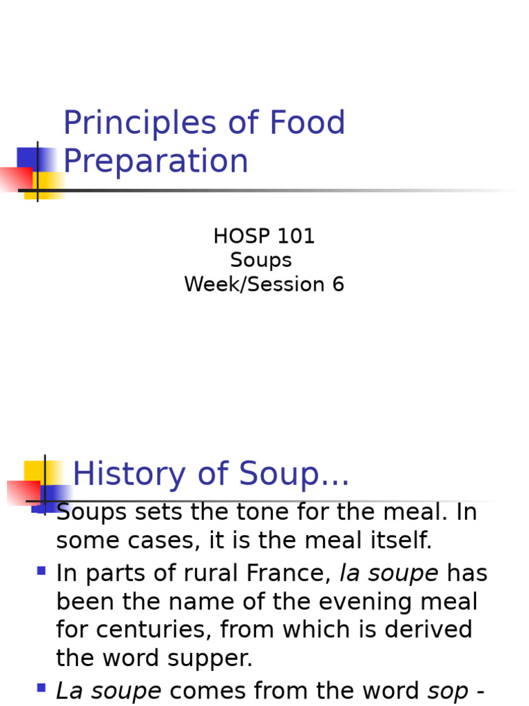 MCC Food Prep WK - Session 6 - Soups | PDF | Soup | Stock (Food)