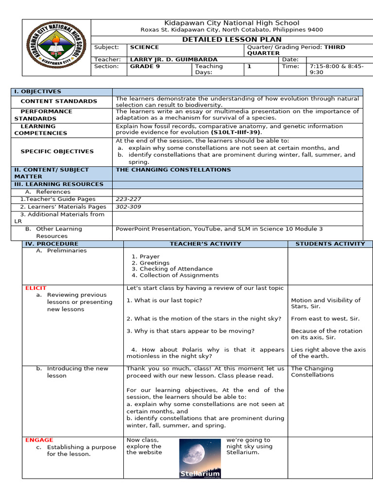 S9-3-Constellation Lesson 4 LP The Changing Constellations With Script ...