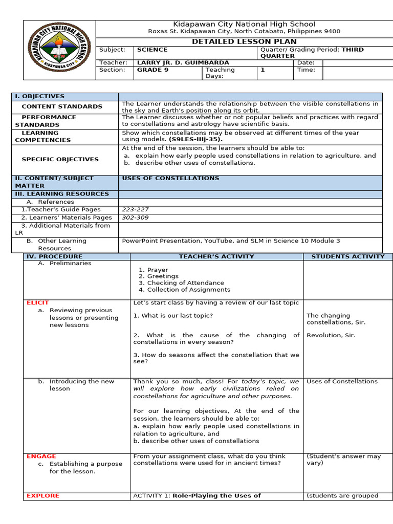 S9-3-Constellation Lesson 5 LP Uses of Constellations | PDF | Learning ...