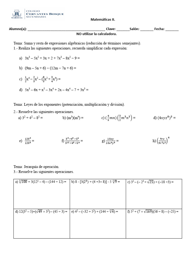 Suma, Resta y Operaciones Algebraicas | PDF | Matemática Elemental ...