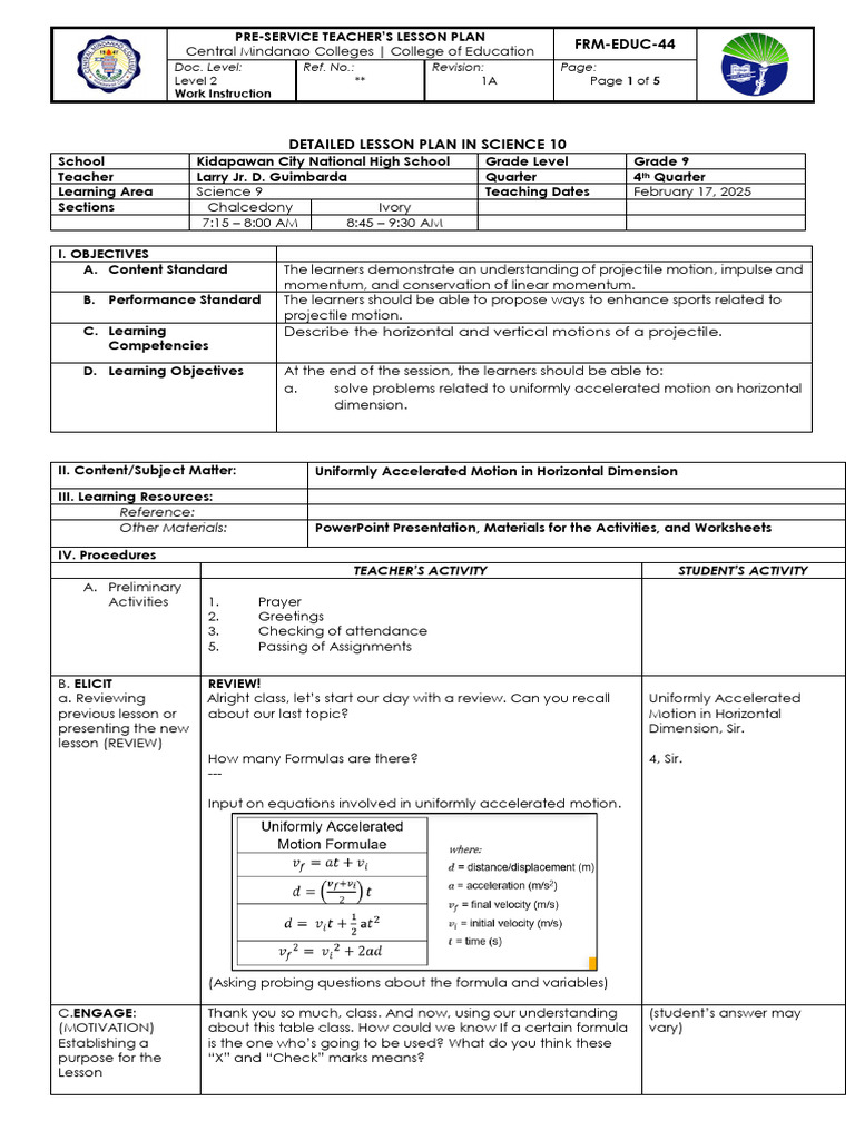 S9 - 4th - UAM - Horizontal 3rd Lesson | PDF | Lesson Plan | Acceleration